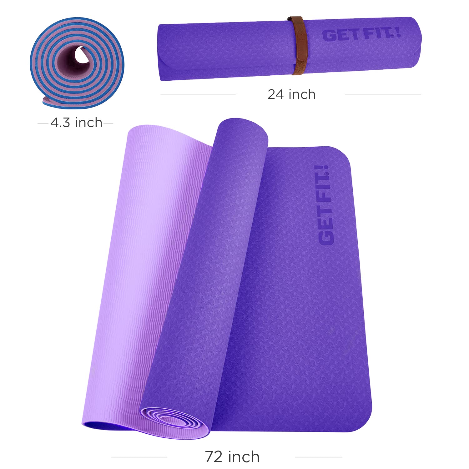 GET FIT! Eco Friendly TPE Yoga Mat Non-Slip surface 6mm thick with Carrying Strap. Lightweight easy to roll and carry. (Violet + Violet)