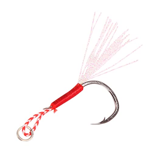 GIUIN 20Pack Fishing Assist Hooks,Carbon Steel Jigging Assist Fishing Hooks with Thread Feather Single Jig Head Fishing Tackle