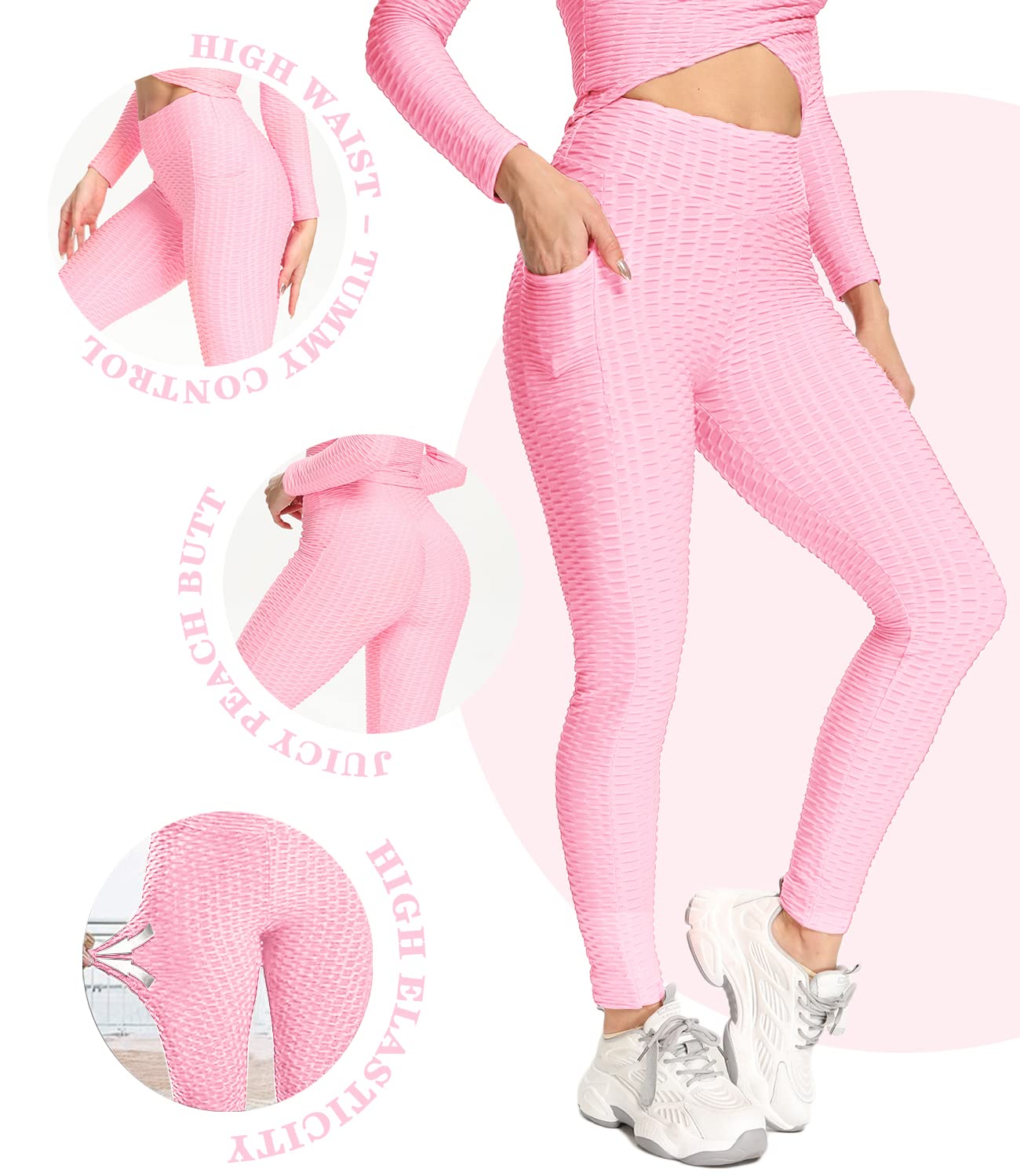 EHH Women High Waisted Anti-Cellulite Leggings with Pocket Ruched Butt Lifting Yoga Pants L