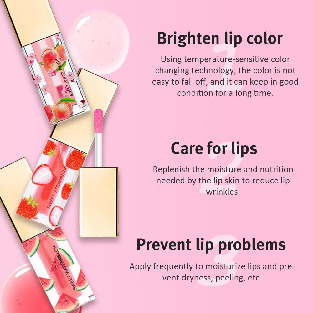 evpct 3Pcs Peach Strawberry Watermelon Mini Clear Color Change Changing PH Tinted Lip Gloss Balm Set for Women Girls Lip Oil Gloss Tint Stain Glaze Pack bulk labiales magicos brillos para labios