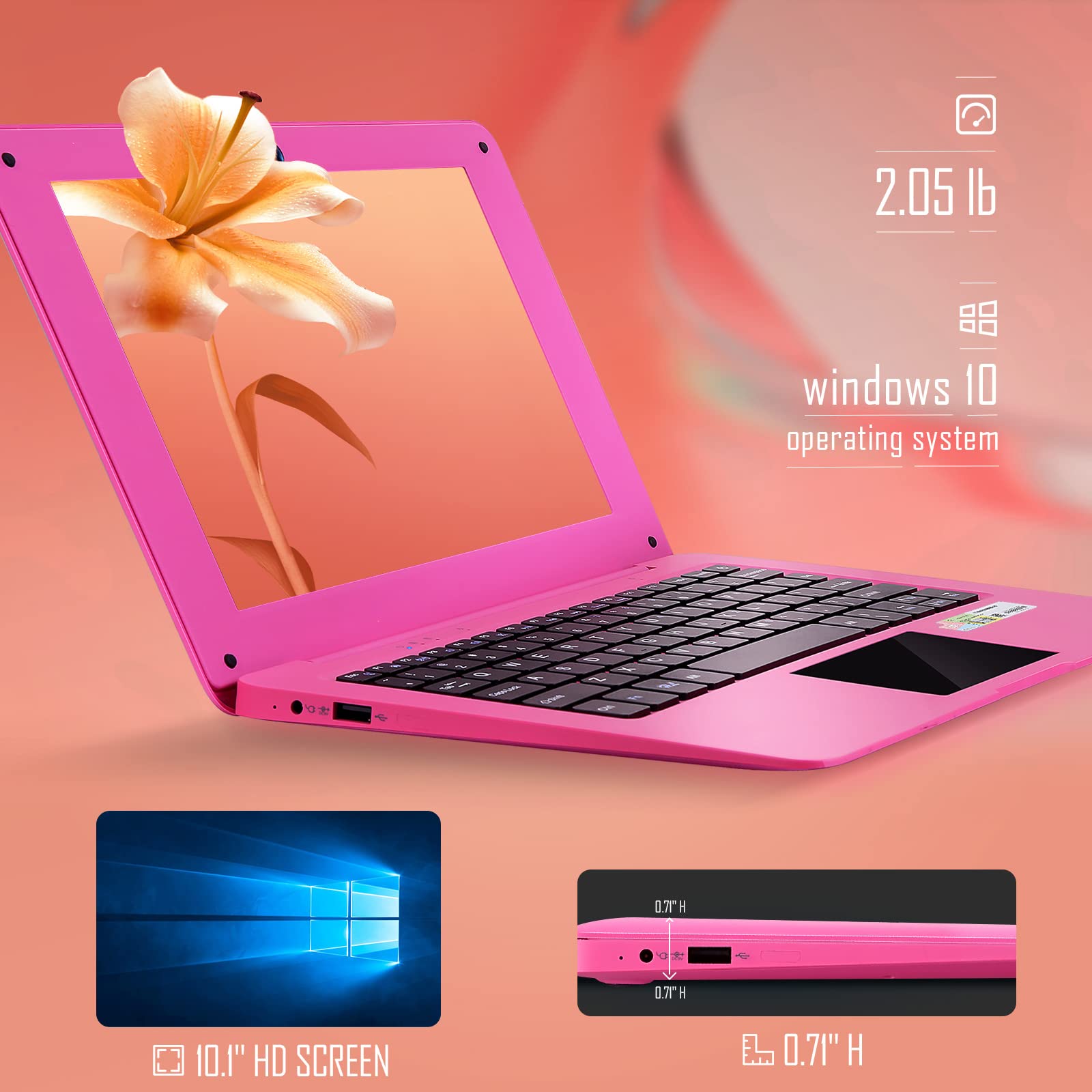 G-Anica Laptop Computer, 10.1 Inch Windows 10 Quad Core Notebook, Netbook Computer with WiFi, Webcam HDMI, Mini Laptop with Bag, Mouse, Mouse Pad and Earphone for Kids and Adults(Pink