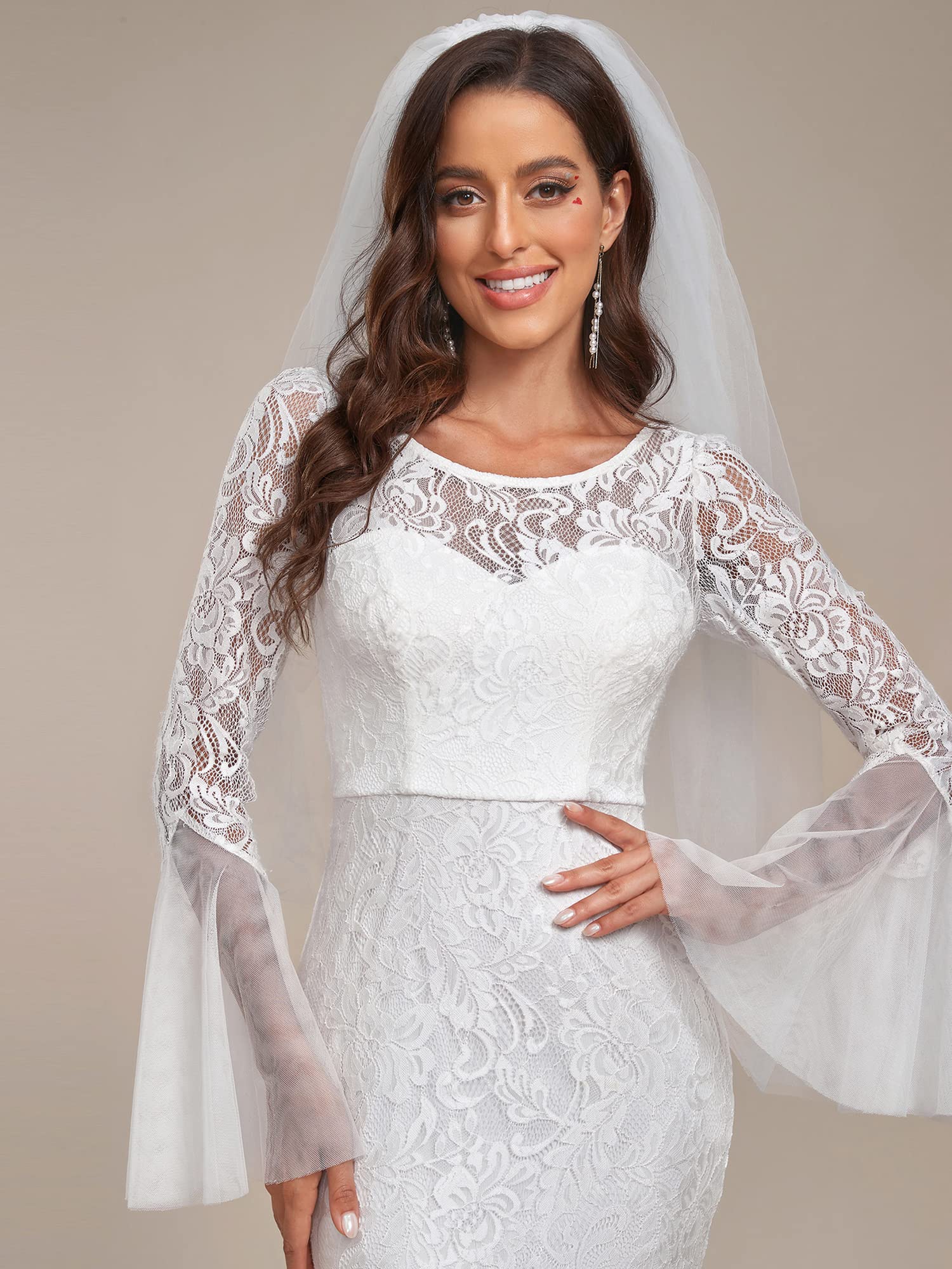 Ever-Pretty Women Lace Flare Sleeve Long Bridesmaid Dress Evening Party Dress White US16