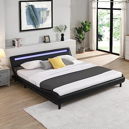 HAUSHECK King Size Upholstered Platform Bed, LED Bed Frame with Lights Headboard, Modern Faux Leather Bedframe No Spring Box Needed for Kids, Teen & Adults, King Beds with Strong Wood Slats Support