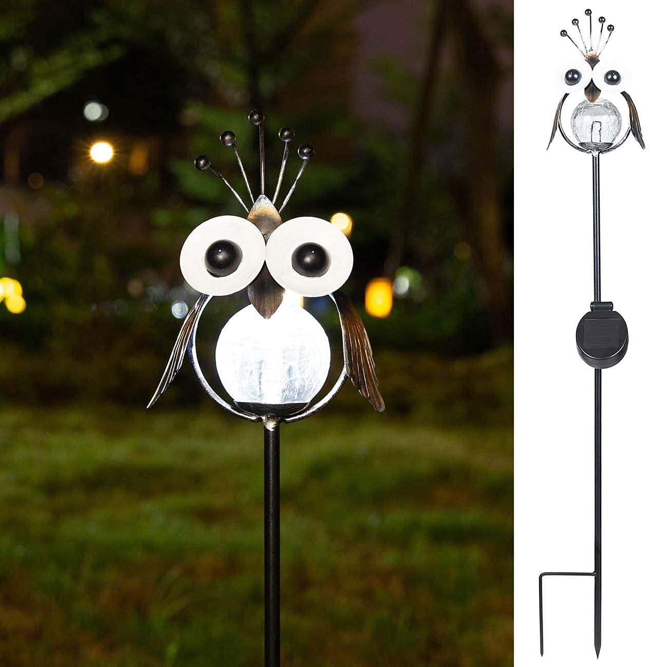Garden Owl Solar Lights Outdoor Owl Decorative Metal Stakes Lights Crackle Glass Light for Lawn, Yard Art, Pathway, Patio Decor