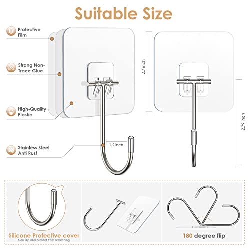 MUSICATE Large Adhesive Hooks, Transparent Self Adhesive Wall Hooks Heavy Duty 22 LB Waterproof Sticky Hooks Reusable Seamless Hooks Utility Hooks for Bathroom Kitchen Ceiling Office 10 Packs