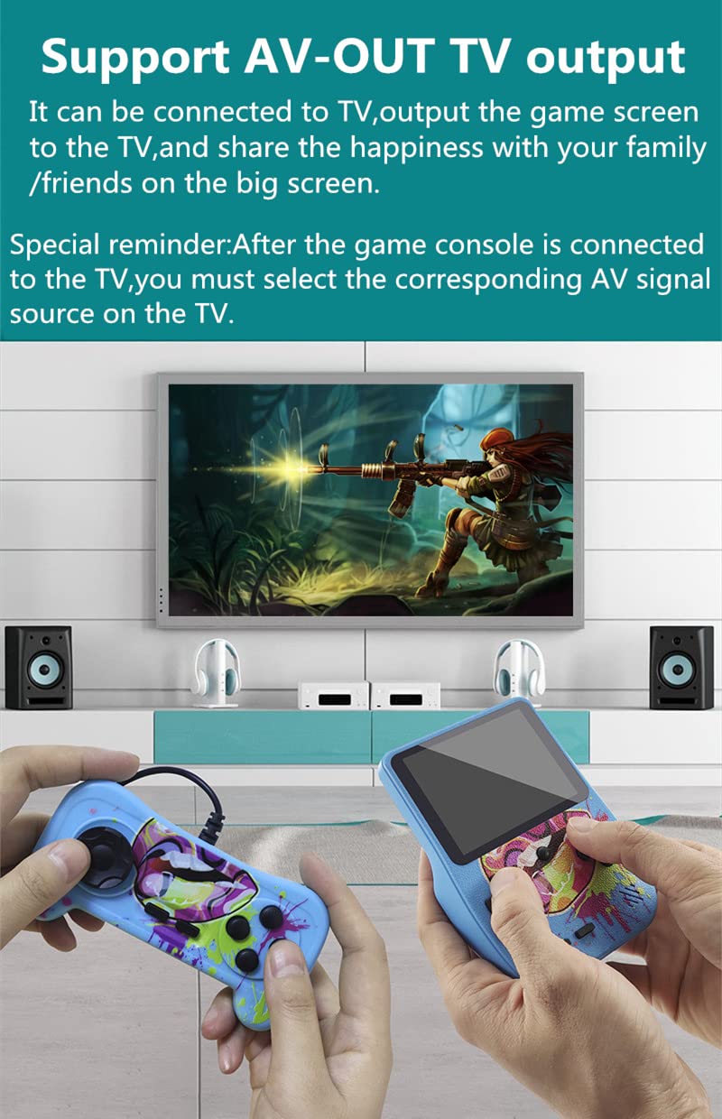 HLF 3.8 inch Retro Video Game Console Dual Handle 520 in 1 Game Portable Handheld Game Device Desktop Stand AV-Out TV Output Rechargeable Lithium Battery Gift for Children (Blue)