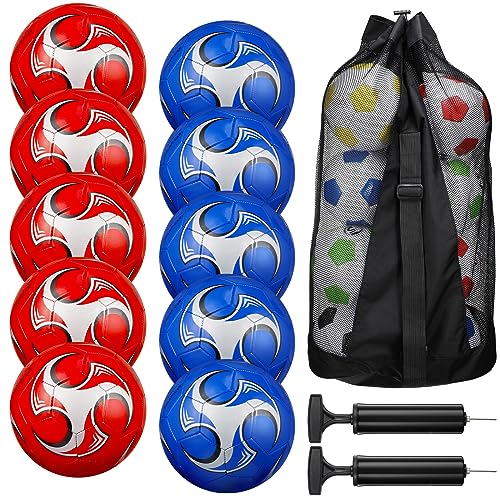 Libima 13 Pcs Soccer Ball Bulk 10 Pcs Official Size 5 Soccer Ball with High Capacity Carry Bag and 2 Pump Soccer Training Set for Youth Teens Adults Sport Gift (Red, Blue,Classic Style)
