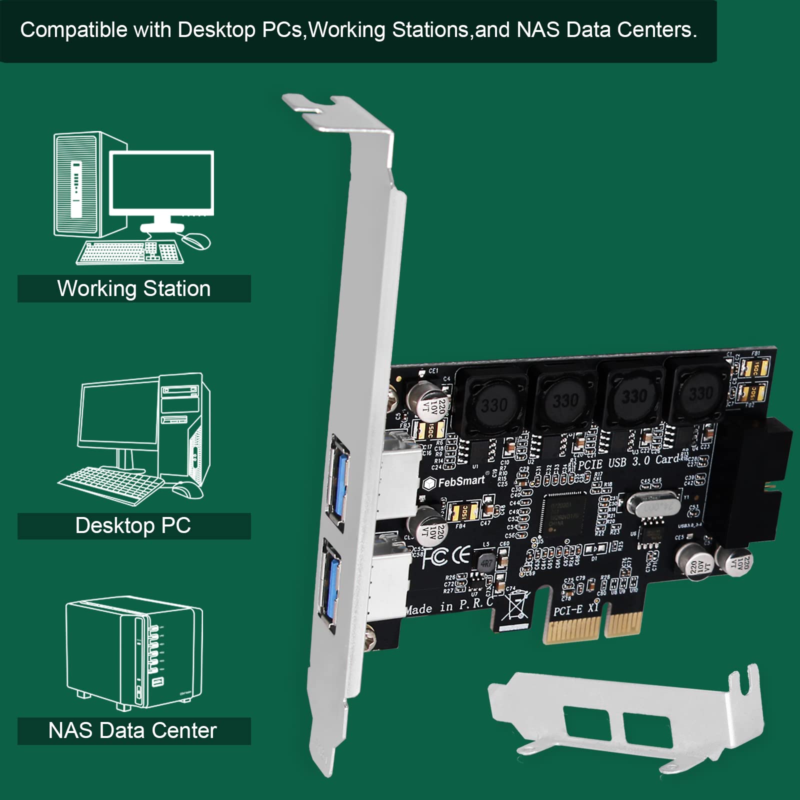 FebSmart 1X 19Pin USB 3.0 Header and 2X USB-A Ports PCIE USB 3.0 5Gbps Expansion Card for Windows and Linux Desktop PCs, Built in Self-Powered Technology, No Need Additional Power Supply (FS-HA-Pro)