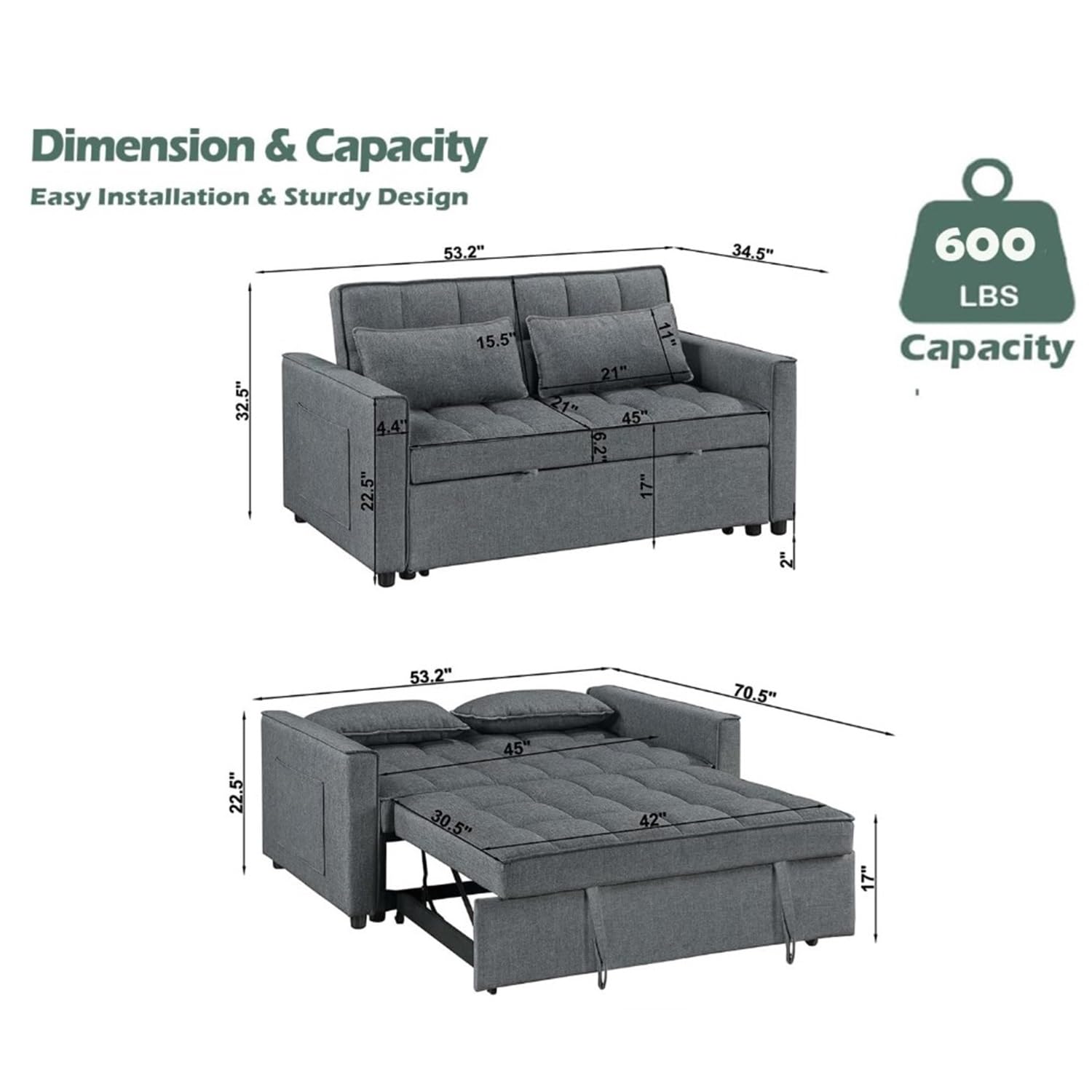 lagohezur 3-in-1 Convertible Loveseat Sofa Bed with Pull Out Bed and Storage Sectional Counch for Living Room, Apartment, Bedroom, Office, Grey