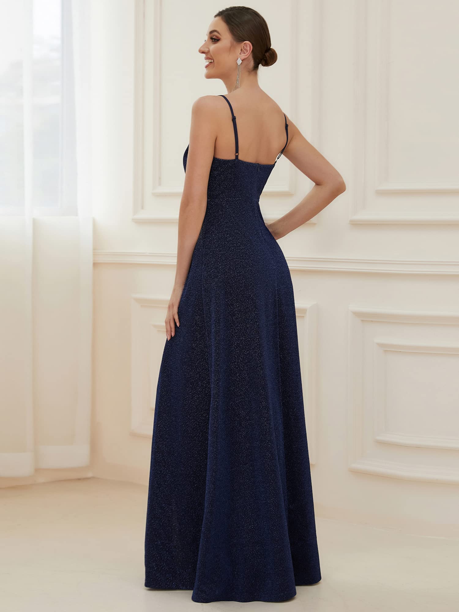 Ever-Pretty Women's Spaghetti Strap Summer V-Neck Formal Prom Evening Dress with Slit Navy Blue US6