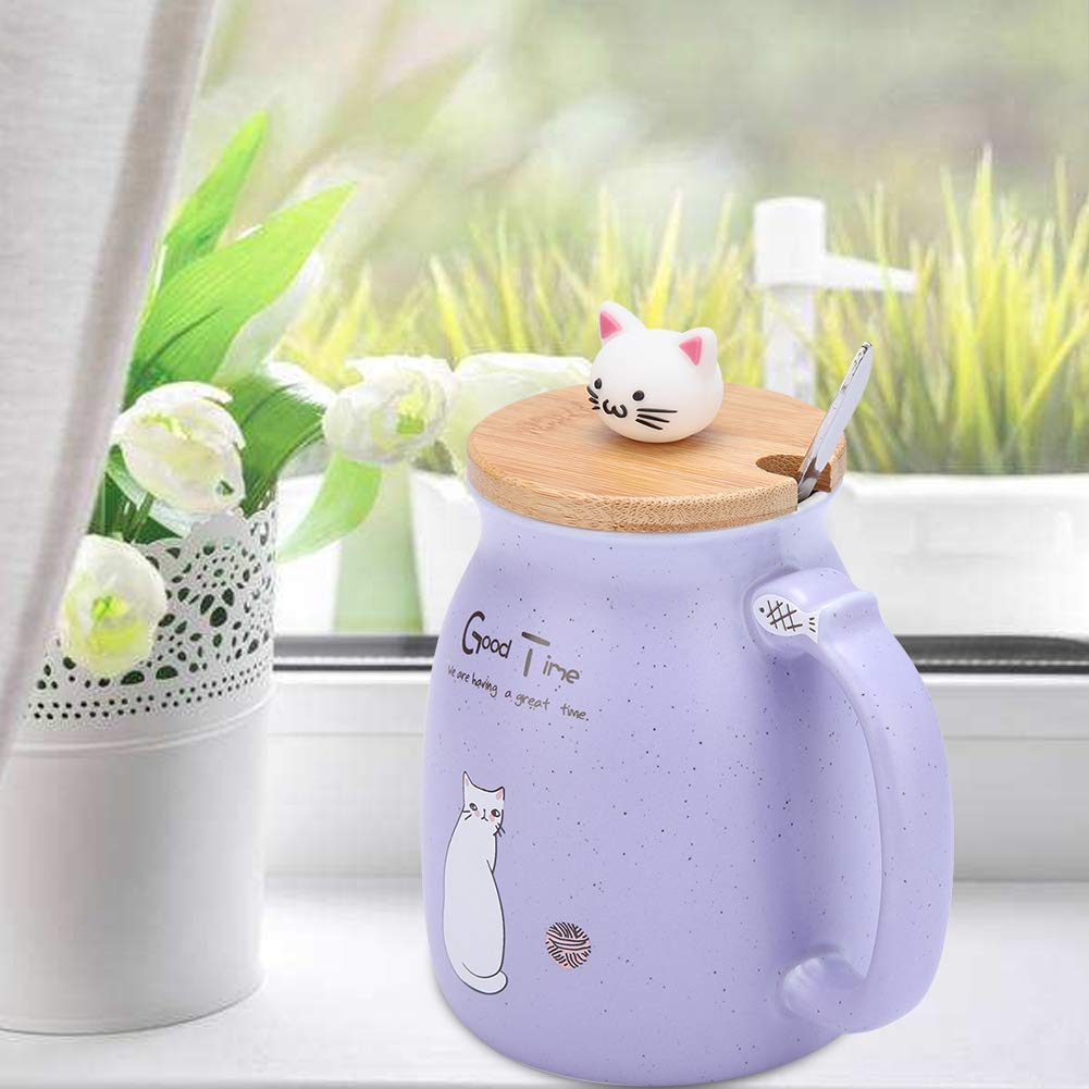 Fdit Lovely Cat Ceramic Cup with Spoon and Lid Coffee Water Milk Mug for Drinkware (Purple)