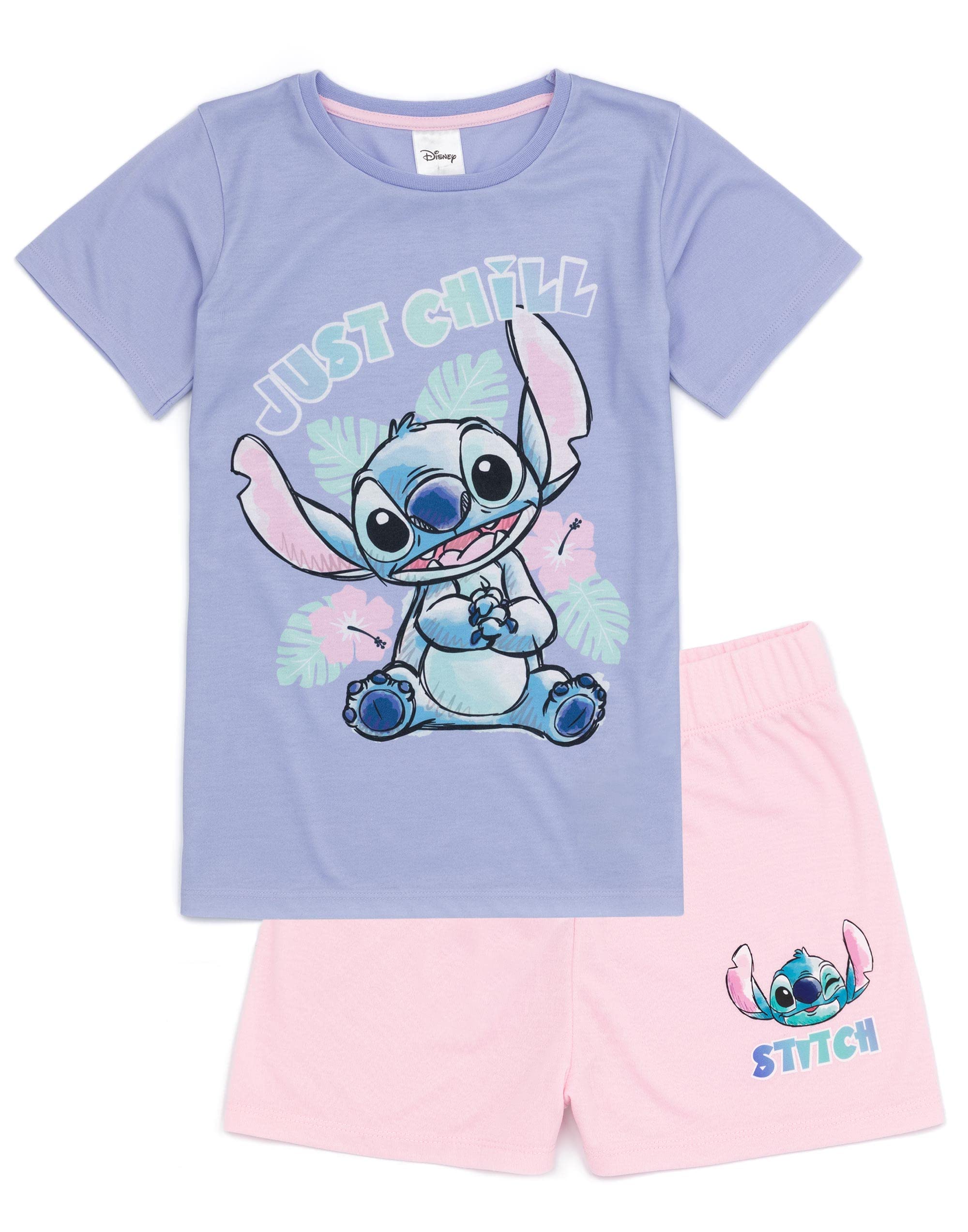 Disney Lilo And Stitch Girls 2 Pack Pyjama Set | Kids Short Sleeve T-Shirt Complete & Shorts PJs | Just Chill Alien Graphic Purple