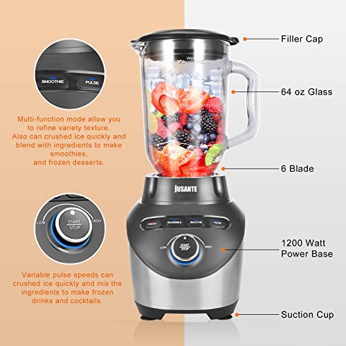 JUSANTE Professional Blender with 1200 Watts and 64 oz Glass Jar Kitchen Countertop Blender for Shakes and Smoothies with High Speed Total Crushing Smoothie Blender Black for Smoothies Frozen Drinks