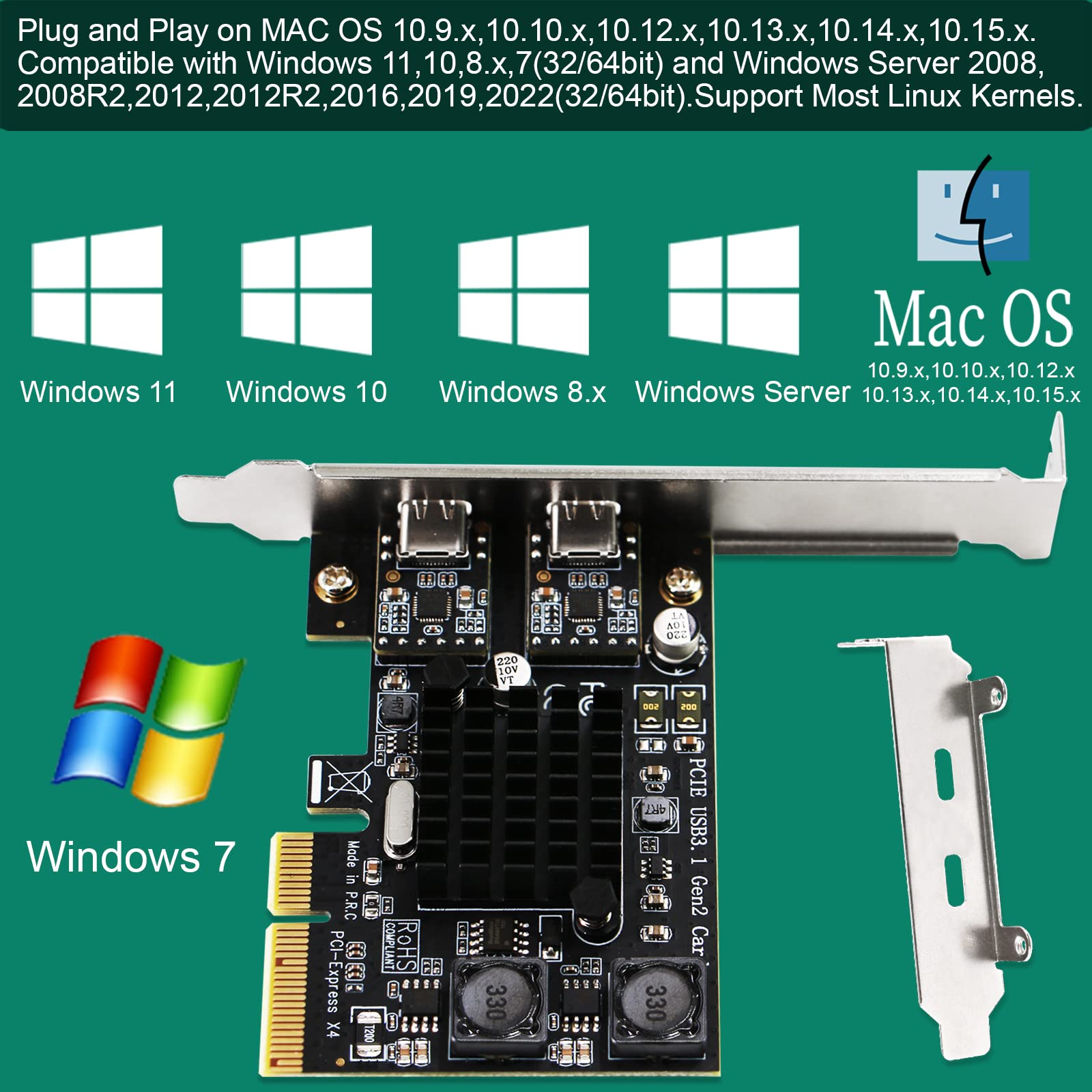 FebSmart 2X 10Gbps Max Speed USB-C Ports PCIE USB 3.1 GEN 2 Expansion Card for Windows, MAC OS and Linux PCs, Built in FebSmart Self-Powered Technology, No Need Additional Power Supply (FS-C2-Pro)
