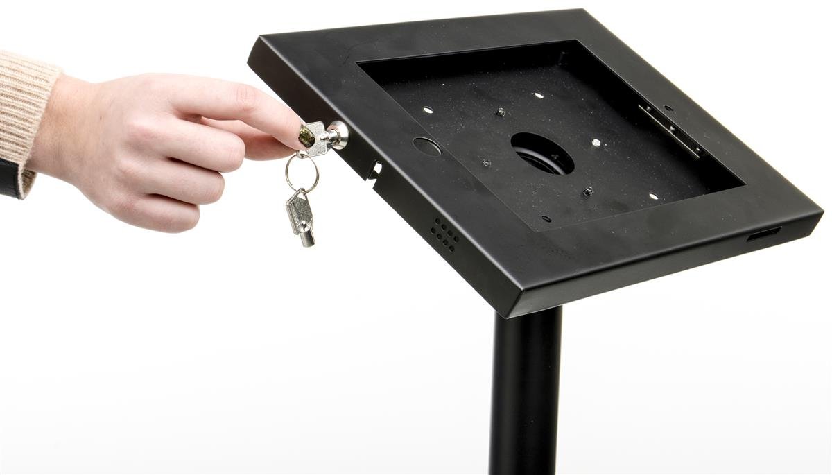 Displays2go iPad and Tablet Floor Stand, Locking, 360-degree Rotating Enclosure, Cable Management (Black Steel/Aluminum)