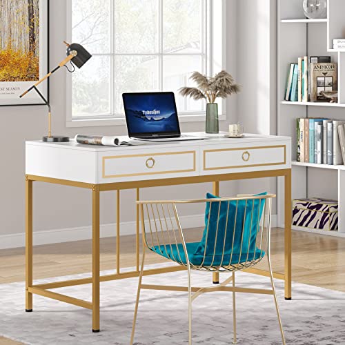 LITTLE TREE Drawers Computer Desk, 43.31β W x 21.65β D x 31.5βH, White and Gold