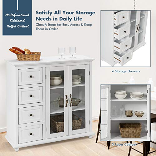Giantex Buffet Sideboard, Wood Storage Cabinet, Console Table with 4 Drawers, 2-Door Credenza, Living Room Dining Room Furniture, Buffet Server, Kitchen Pantry Cupboard (White)
