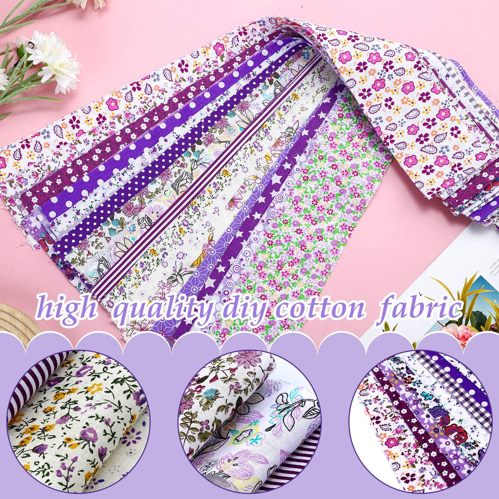 Kingdder 70 Pcs Floral Cotton Fabric Patchwork Roll 2.55 x 39.4 Inch Cotton Quilting Fabric Roll up Cotton Fabric Quilting Strips Precut Patchwork Roll for Craft Sewing DIY Crafts (Purple Flower)