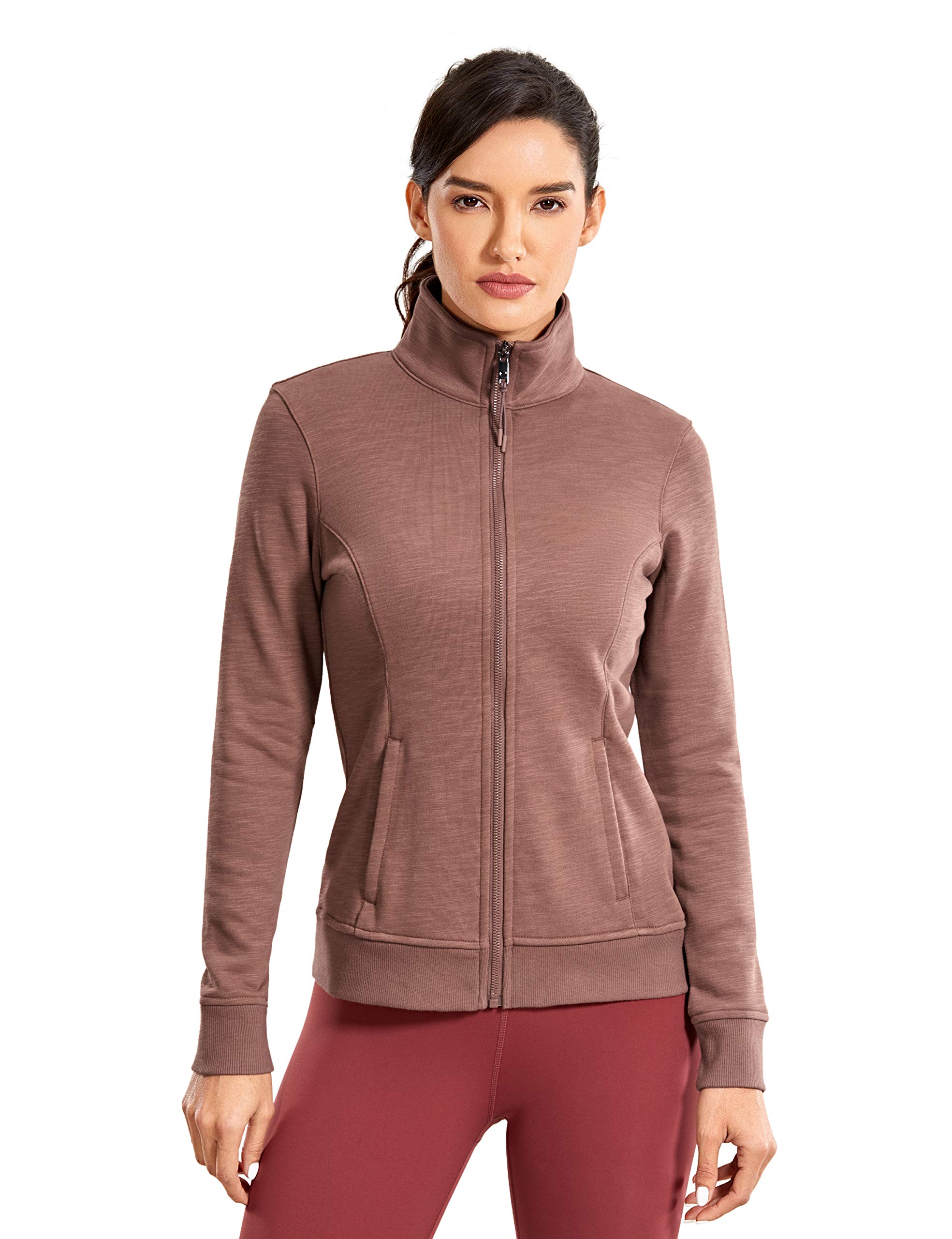 CRZ YOGA Women's Cotton Full Zip Workout Jacket Running Track Jacket - Slim Fit Black Medium