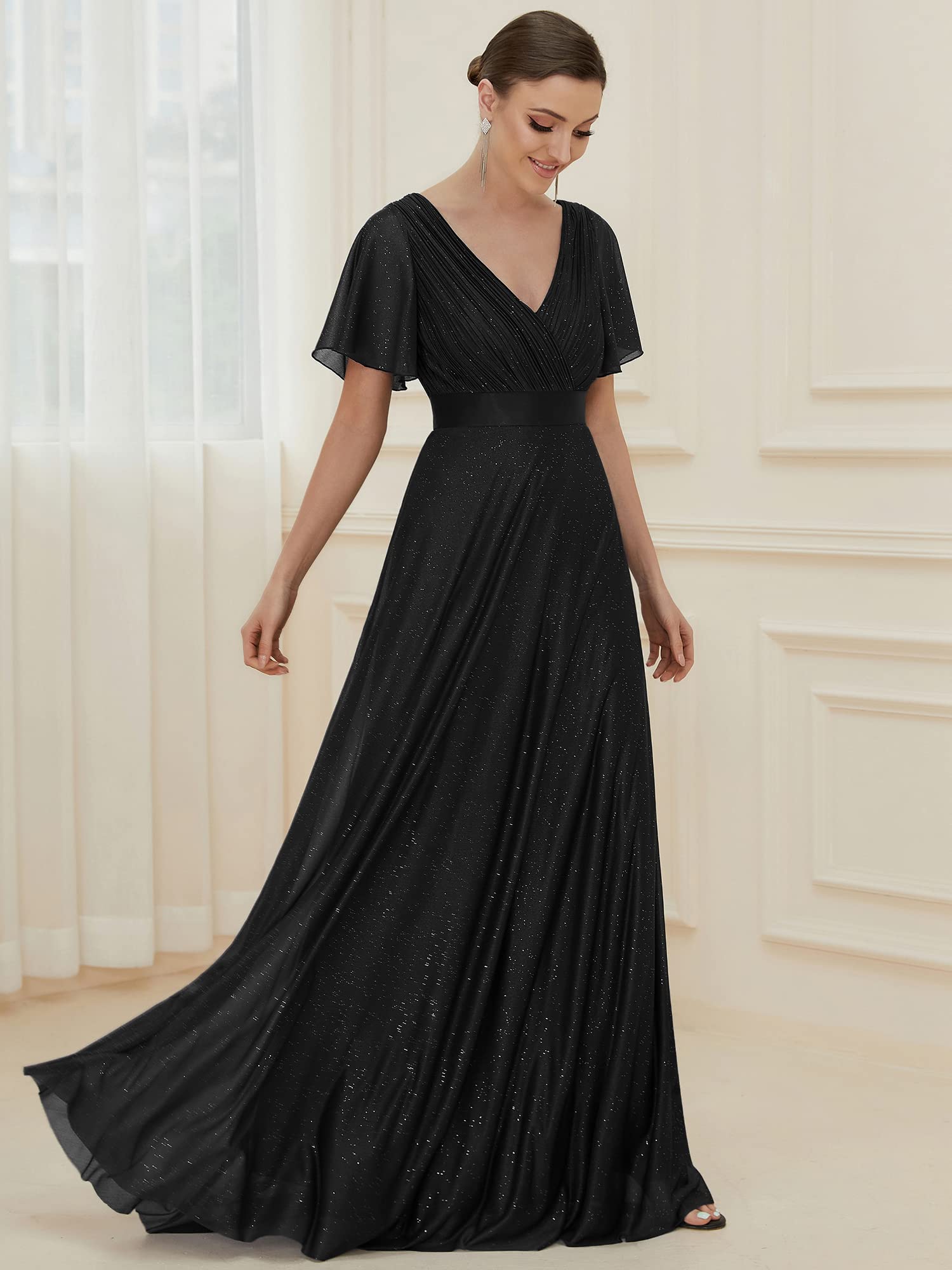 Ever-Pretty Womens Evening Dresses V Neck Short Sleeves A-line Glitter Formal Dresses Black US16