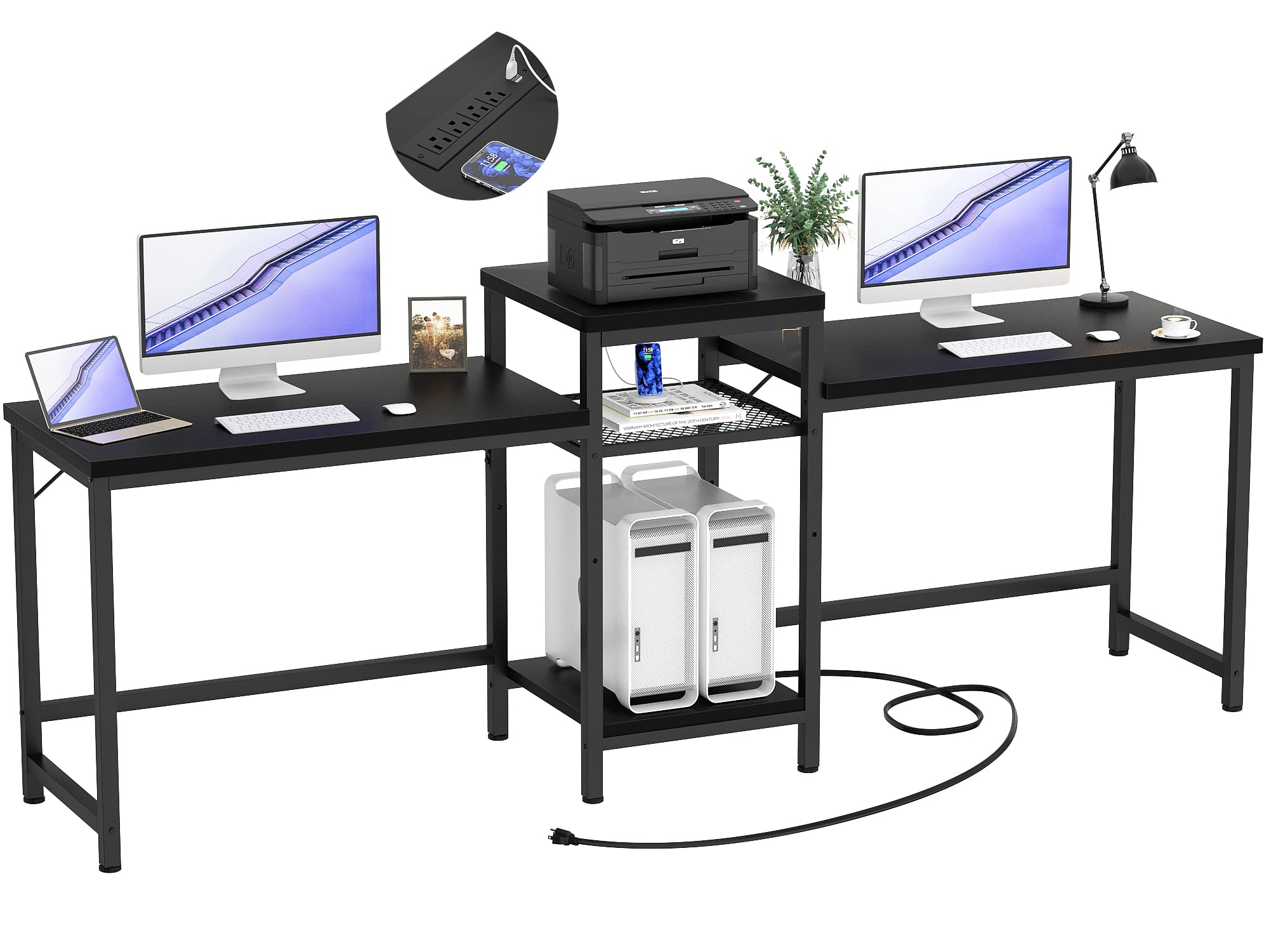 Unikito 2 Person Home Office Desk with USB Charging Port and Power Outlet, Modern Double Desk, Large Computer Desk Workstation with Storage Shelves, Long Desk, Gaming Desk, Writing Study Desk, Black