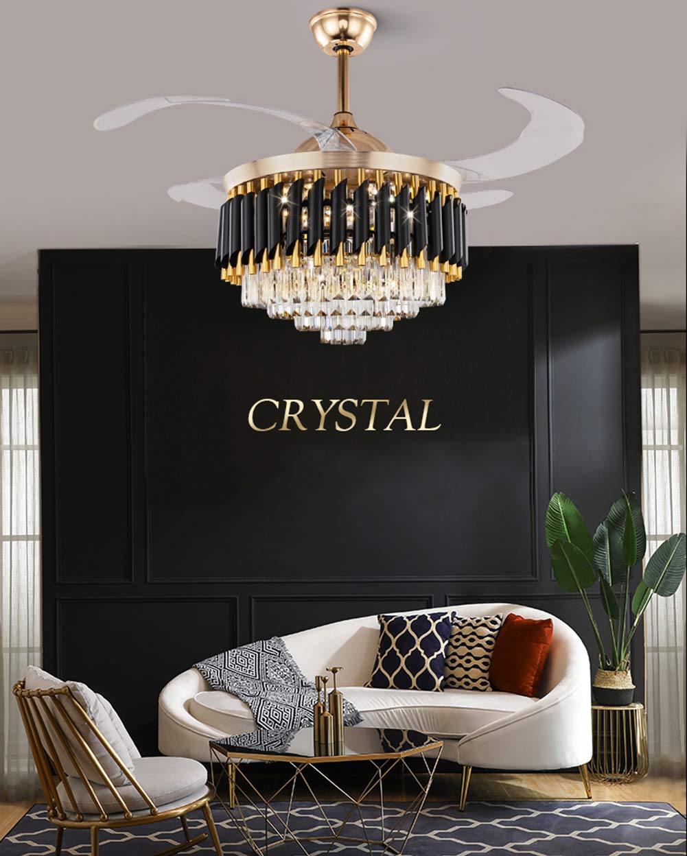 Fandian 42" Crystal Ceiling Fan with Light Remote Control Chandelier Retractable Fandelier, Luxury 3 Color Lighting for Dining Room, Living Room