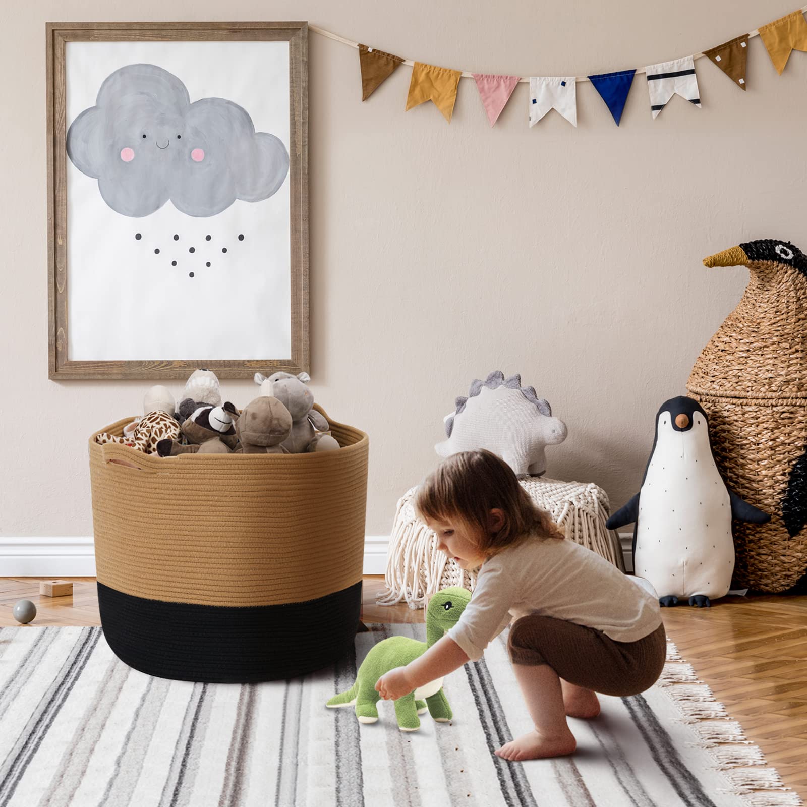 Large Cotton Rope Storage Basket: Woven Round 19”x19”x16” Blanket Pillow Throw Baskets for Living Room Bedroom Decorative - Tall Nursery Toy Storage Bin Laundry Hamper with Handle