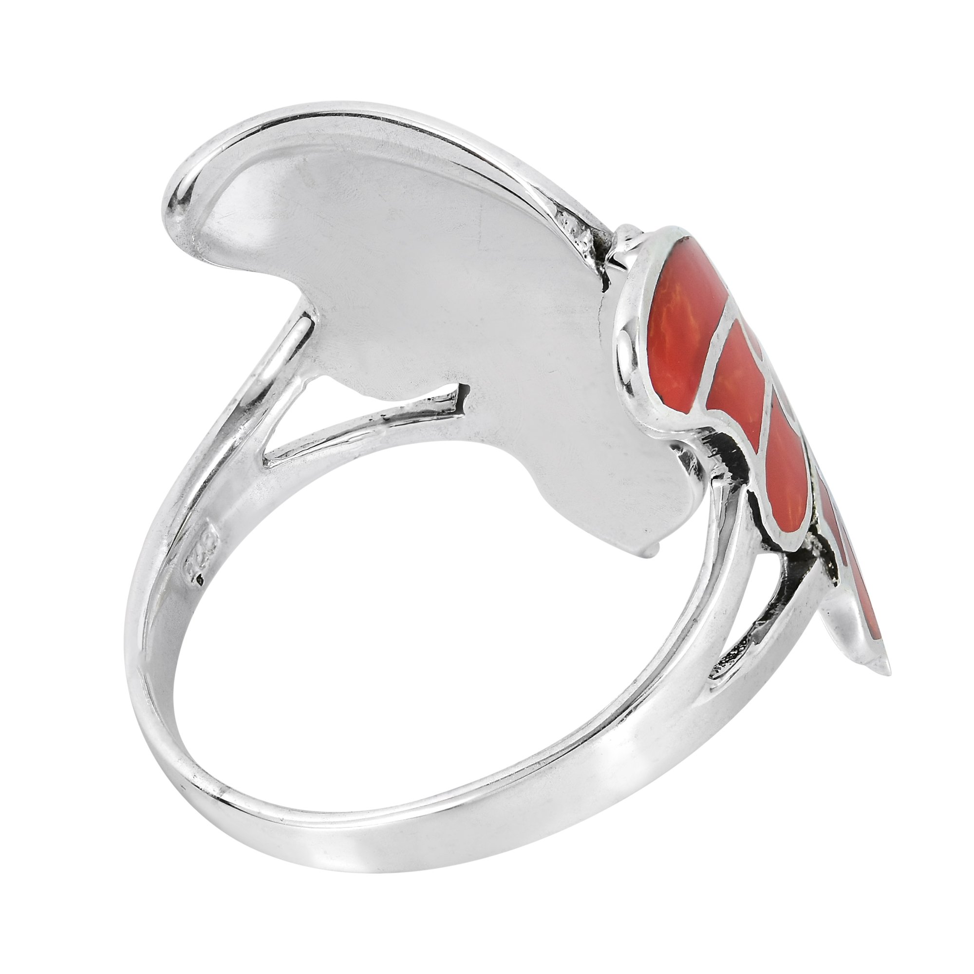 Exotic Graceful Butterfly Reconstructed Red Coral Inlay .925 Sterling Silver Ring (9)
