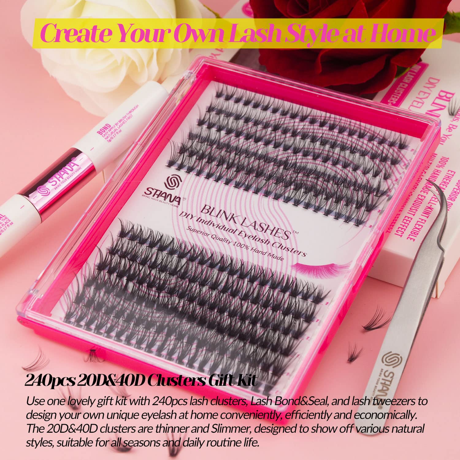 DIY Lash Extension Kit at Home, 240pcs Eyelash Extension Kit with Lash Bond and Seal Lash Tweezers Lash Clusters Wispy Individual Lashes Kit Eyelashes Kit Lash Clusters D Curl 20D&40D 10-15mm