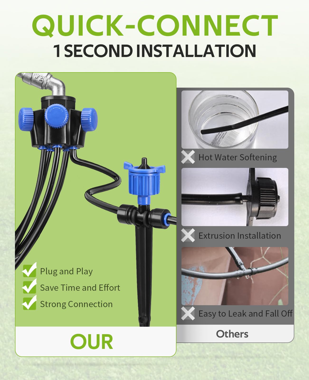 HIRALIY 50FT Garden Watering System with 12Pcs Pressure Compensation Drippers and 5-Way Connector, New Quick Connector Drip Irrigation Kits, Irrigation System for Plant