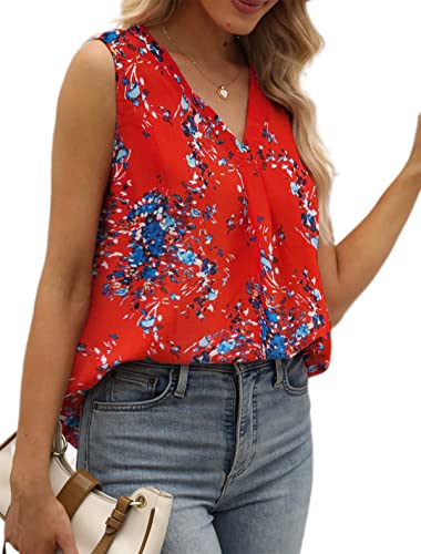 MIDOSOO Summer Tank Tops for Women Elegant Chiffon Sleeveless Shirts Fold Pleated Blouses Floral Red Medium
