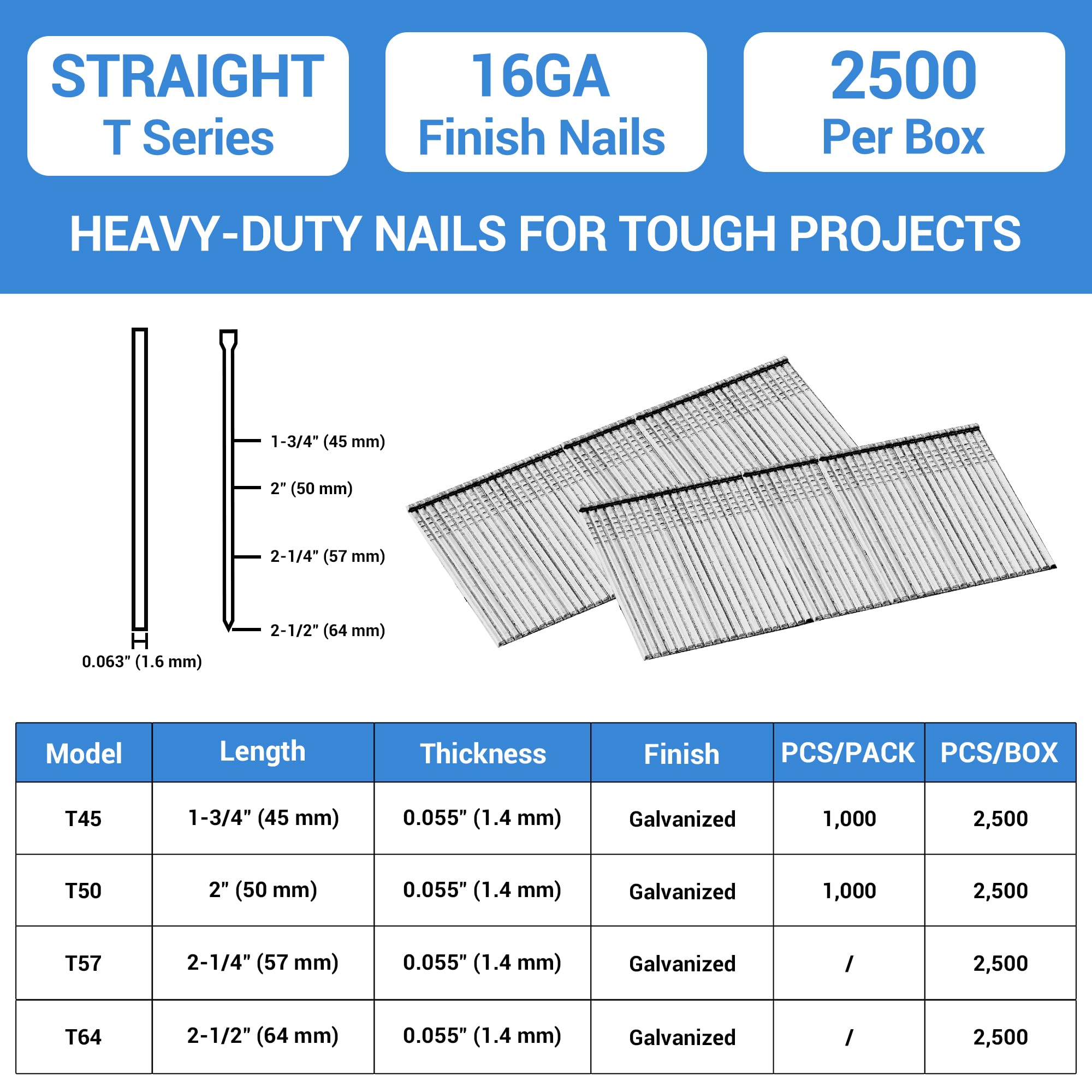 meite 16 Gauge Finish Nails, 2-Inch 16GA Straight Finish Nails Galvanized Finishing Nails for Electric or Pneumatic Nailer Guns (2,500 Counts)