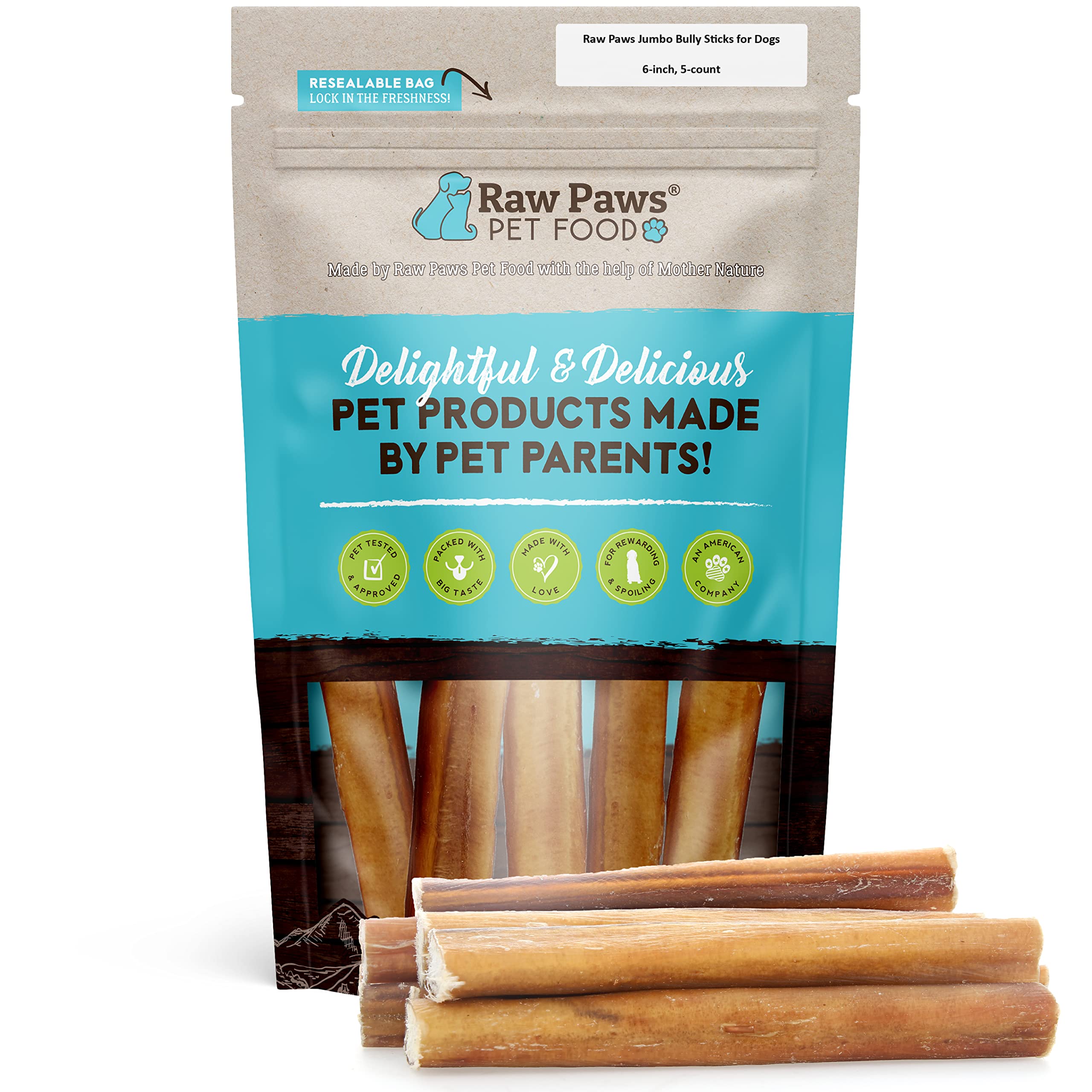 Raw Paws Jumbo Bully Sticks, 6" (5 Pack) - Extra Thick Bully Sticks for Dogs - No Added Hormones, Free Range Cows - Pizzle Sticks for Dogs - Long Lasting Bully Bones for Aggressive Chewers