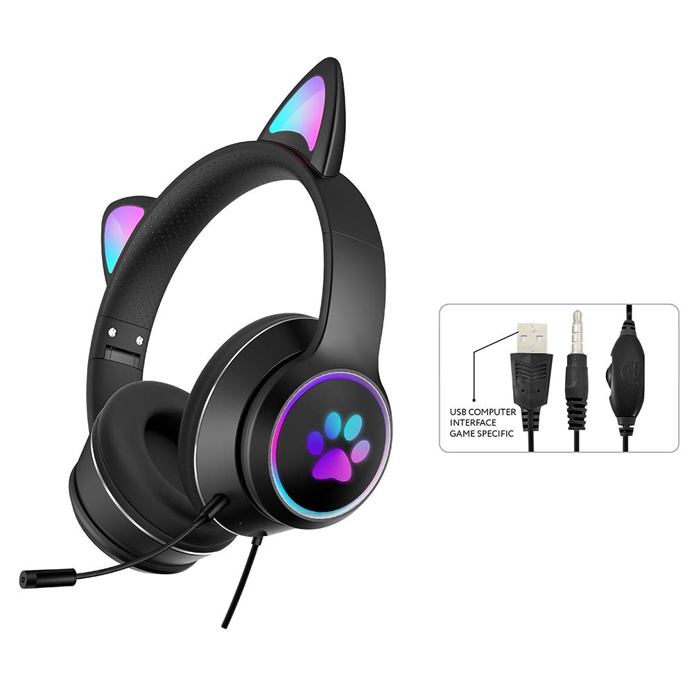 EKDJKK Cat Ear Bluetooth Headphones Foldable Wireless LED Light Up Foldable Headphones HiFi 3.5MM Noise Reduction Headphones Computer Gaming Headset with Microphone and Volume Control