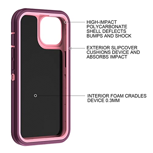 MXX Case for iPhone 13, with Tempered Glass Screen Protector,Camera Lens Protector 3-Layer Full Heavy Duty Body Bumper Cover Shockproof Protection Dustproof, for iPhone 13 6.1" (Plum/Light Pink)