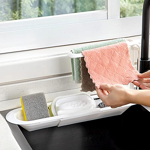 LIFOND Kitchen Sink Caddy Telescopic Sink Tidy Storage Rack Expandable Sink Caddy Organizer with Towel Bar Under Sink Organiser Adjustable Sponge Holder Brush for Kitchen Bathroom,White