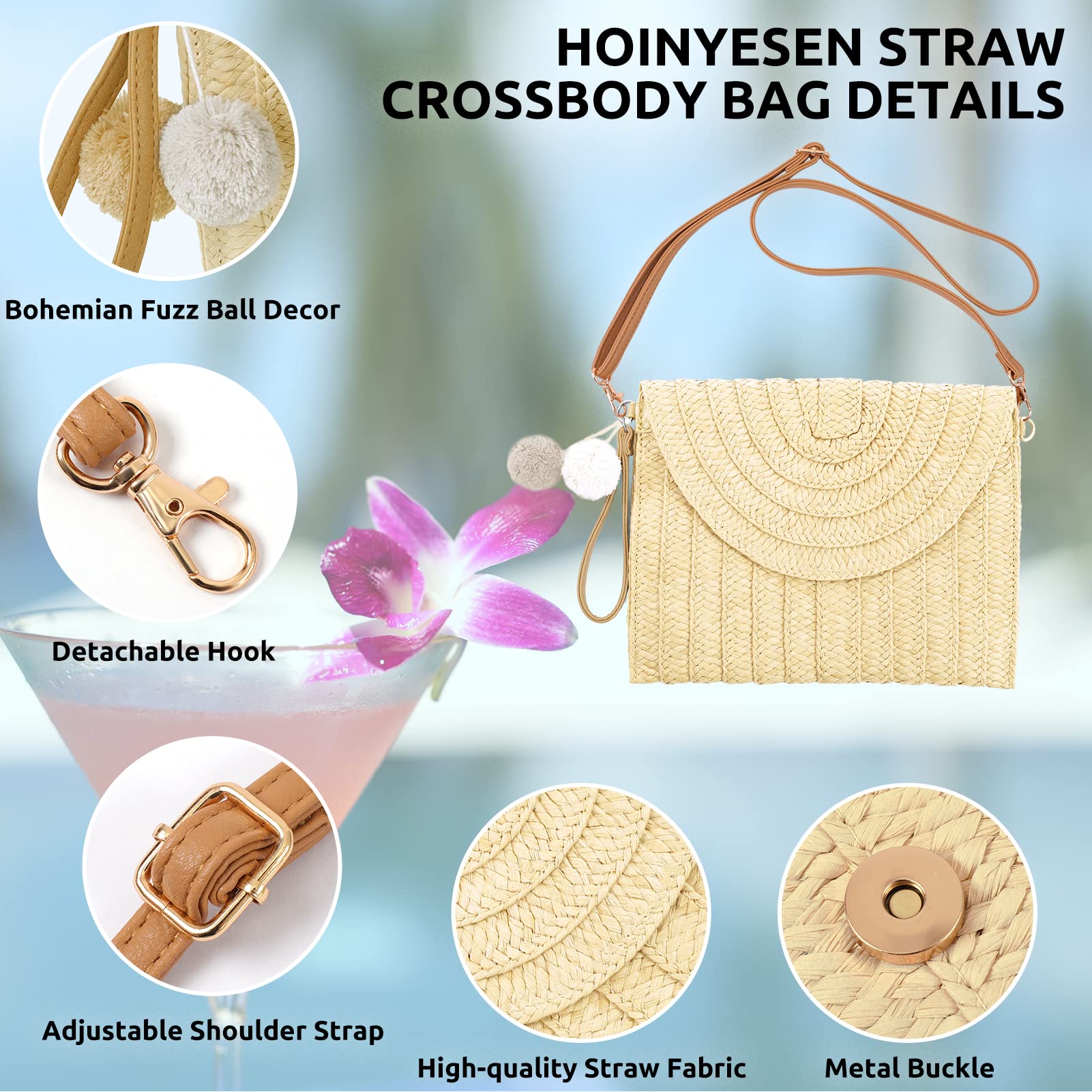 HOINYESEN Straw Shoulder Bag Straw Clutch Women Hand-woven Summer Beach Straw Purse for Women woven Envelope Bag (beige)