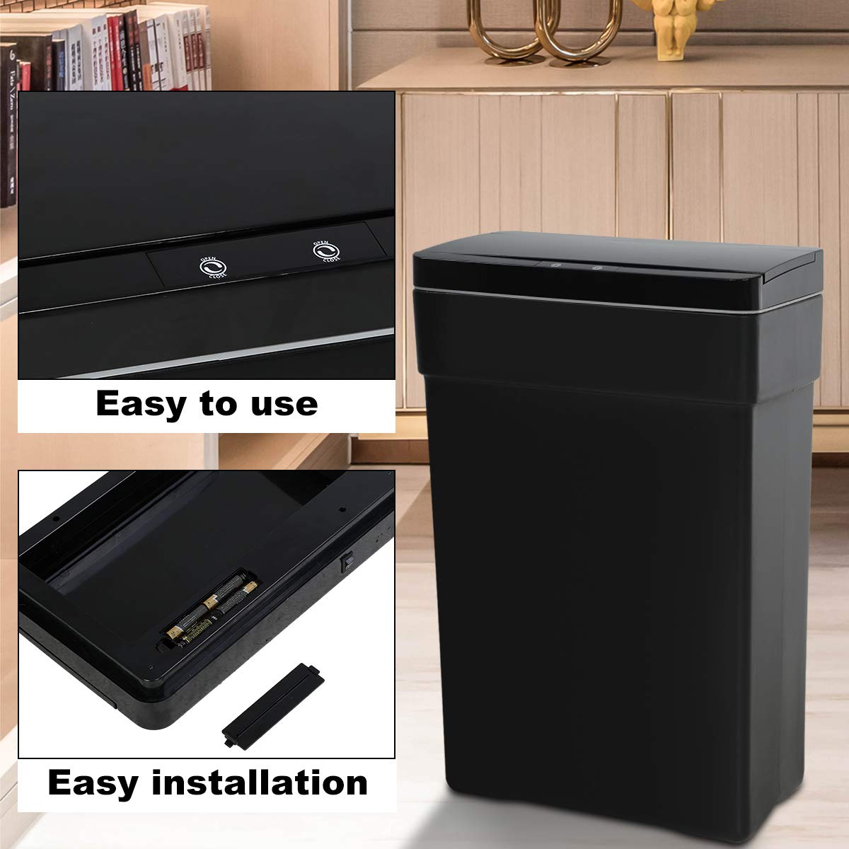 Dkelincs 13 Gallon Trash Can Automatic Motion Sensor Kitchen Trash Can Plastic High-Capacity Touch Free Garbage Can with Lid for Bathroom Bedroom Home Office, 50 Liter, Black