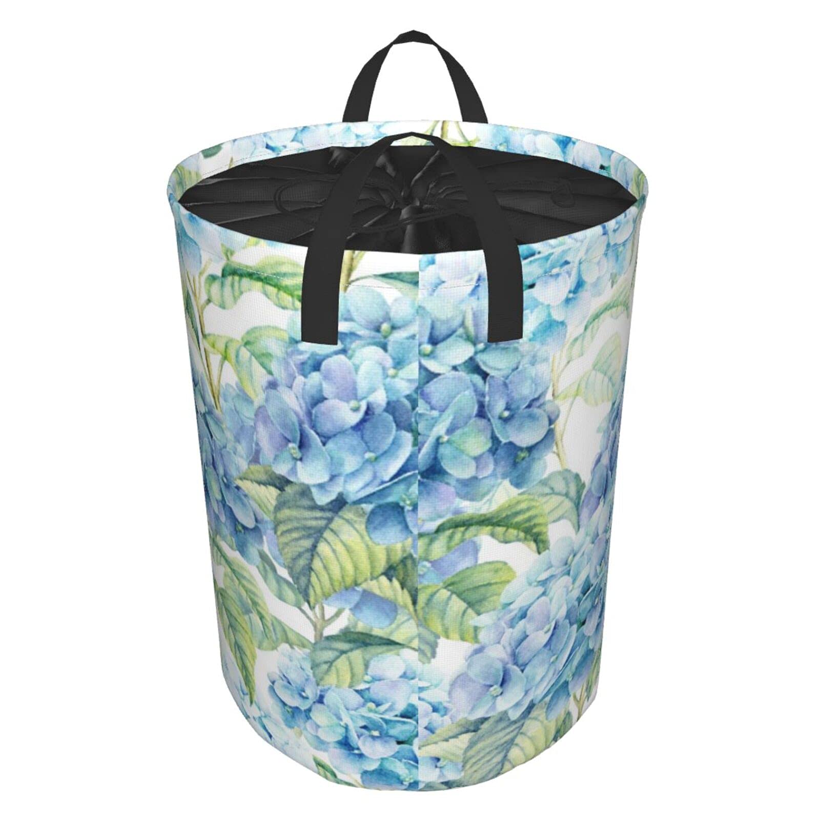Large Folding Laundry Basket Hydrangea Blue Flowers Round Collapsible Laundry Storage Hamper Drawstring Waterproof Oxford Laundry Storage Basket Dirty Clothes Bag 16.5x21.5inch