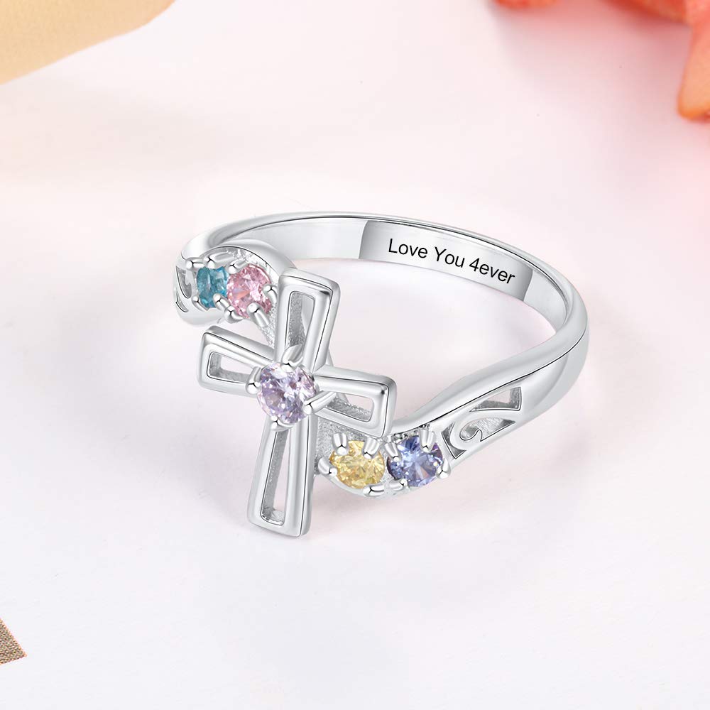 GLAMCARAT Personalized solid silver Cross ring with name and birthstones engraved ring for her religious jewelry Christian customized ring for women