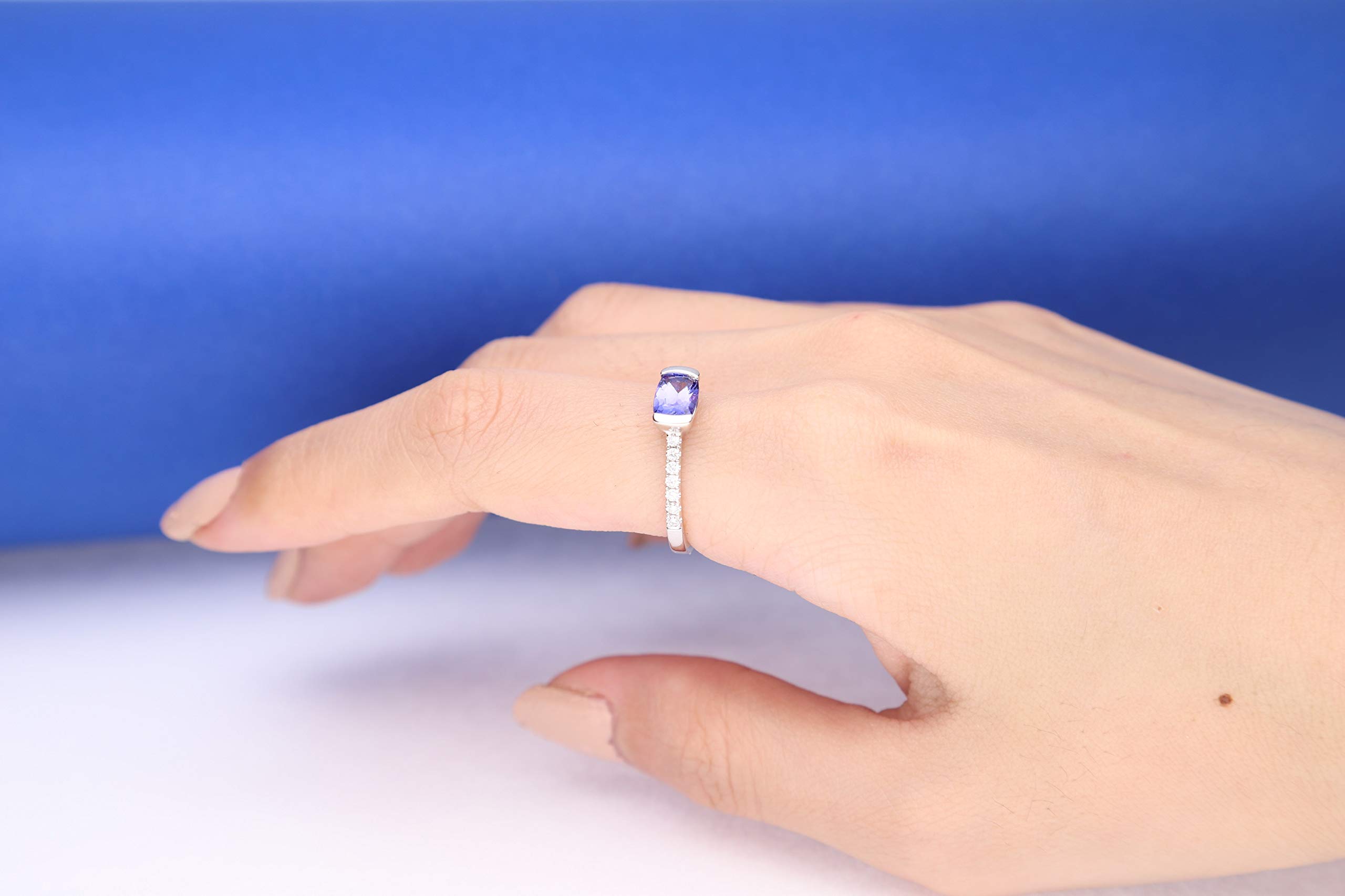 Gin & Grace 14K White Gold Genuine Tanzanite Ring with Diamonds for Women | Ethically, authentically & organically sourced (Cushion-Cut) Shaped Tanzanite Hand-Crafted Jewelry for her