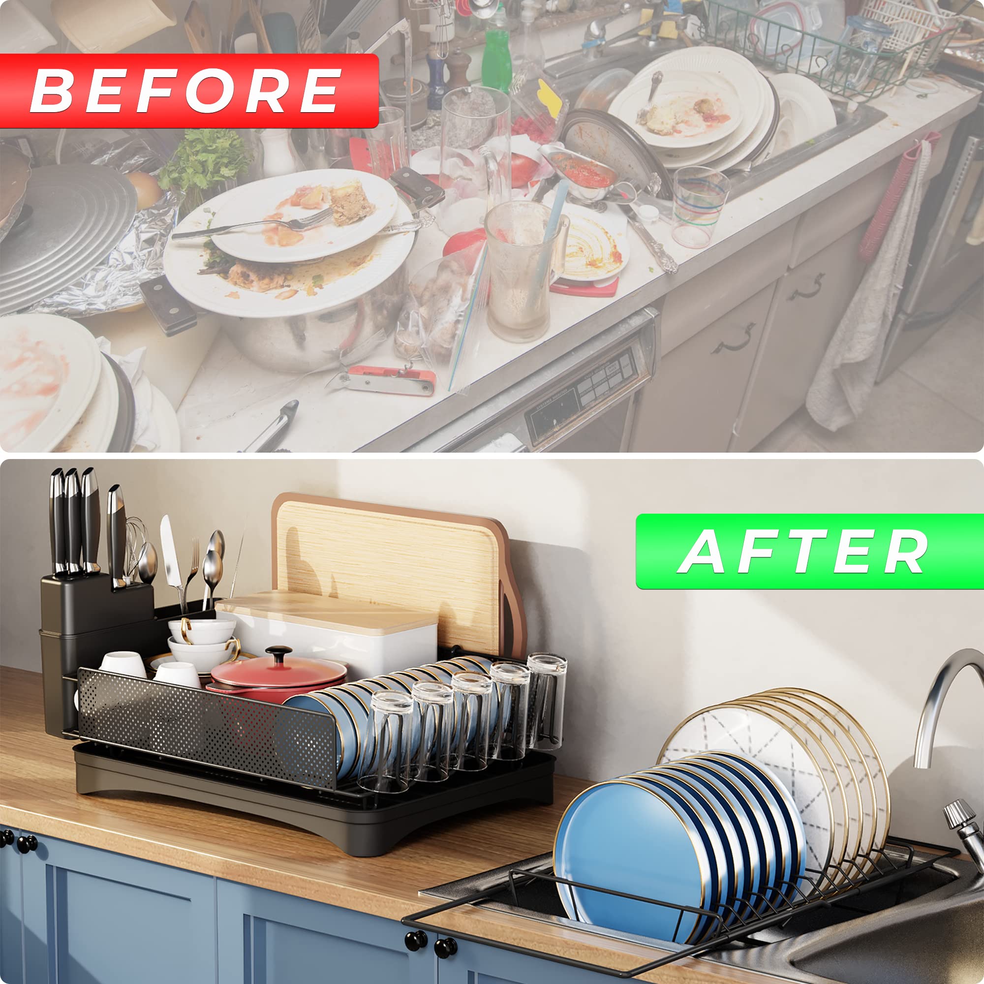 EXIN DECHEN Dish Drying Rack – 2 Tier Large Dish Rack with Auto Drainage, Stainless Steel Dish Drainer for Kitchen Counter with Glass Holder, Cutting Board Holder and Extra Drying Mat