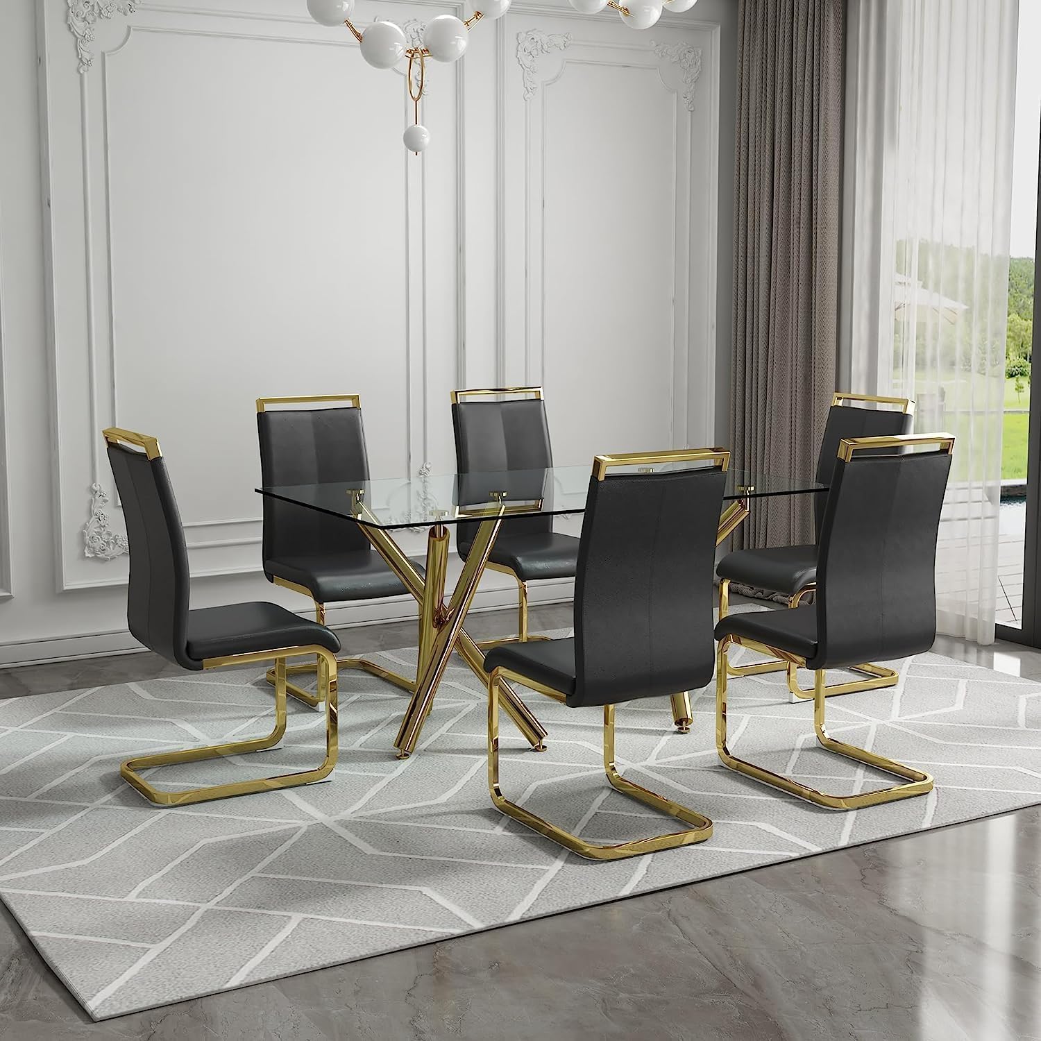 Dining Table for 6-8 People, 63 inch Modern Kitchen Dining Room Tables with Gold Metal Base, Rectangular Tempered Glass Dining Table, Large Rectangle Dining Table Luxury Pedestal Table for Dining Room
