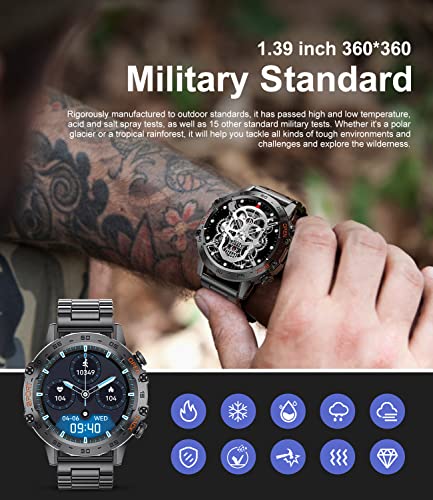LIGE Military Smart Watches for Men(Answer/Dial), 1.39''Rugged Outdoor Smartwatch Health Fitness Tracker, 5ATM Waterproof,100+Sport Modes Tactical Pedometer Smart Watch for Android iOS Black
