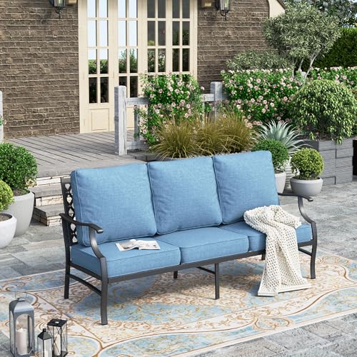 HERA'S HOUSE Patio Furniture Sofa, All-Weather Outdoor 3 Seats Couch, Outdoor Patio Couch with Deep Seating and Olefin Cushions for Lawn Garden Backyard, Navy Blue