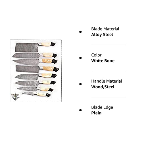 G16B8- Professional Kitchen Knives Custom Made Damascus Steel pcs of Professional Utility Chef Kitchen Knife Set with Chopper/Cleaver Black Horn (at end) GladiatorsGuild (8, White Bone)