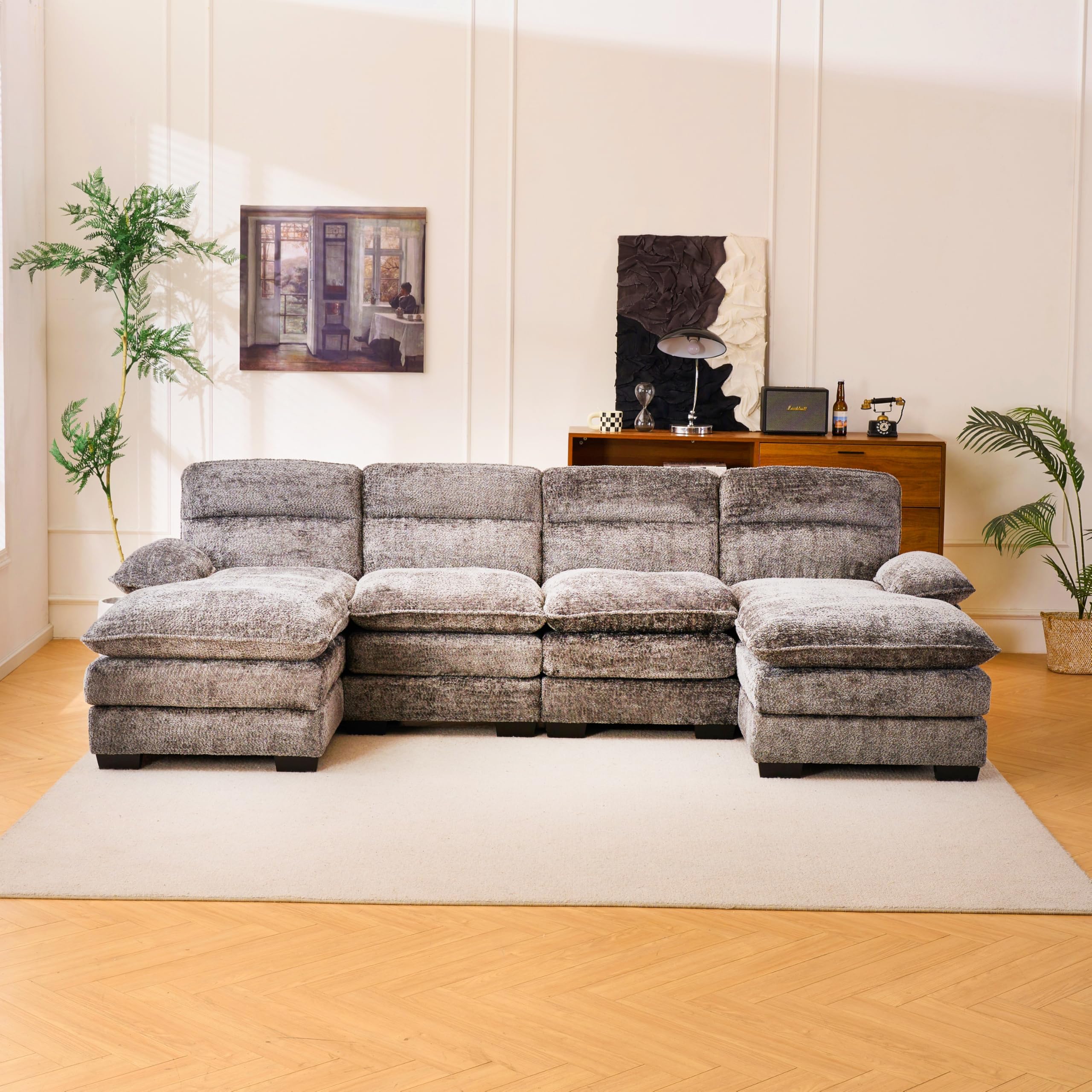 Lakifun Modular Sectional Sofa, Modern U Shaped Sofa Couch with Ottoman, 6 Seat Modular U Shaped Sofa Couch with Chaise for Living Room, Apartment,Chenille Dark Grey