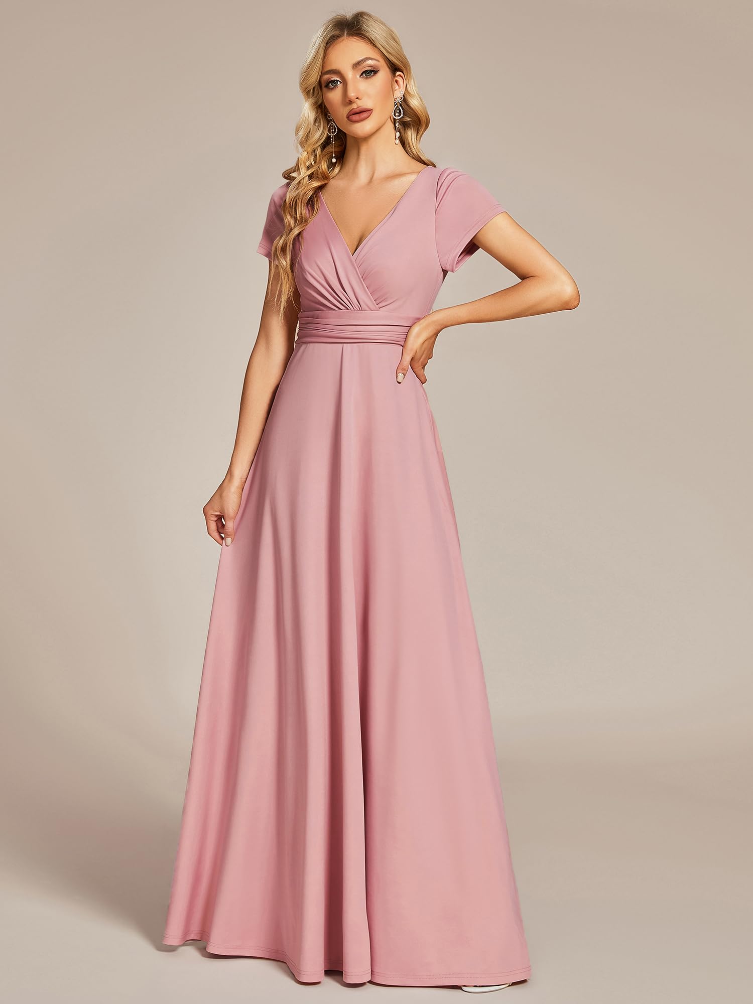 Ever-Pretty Women's Formal Dress Ruched Waist V Neck A Line Bridesmiad Dress with Sleeves Dusty Rose US8