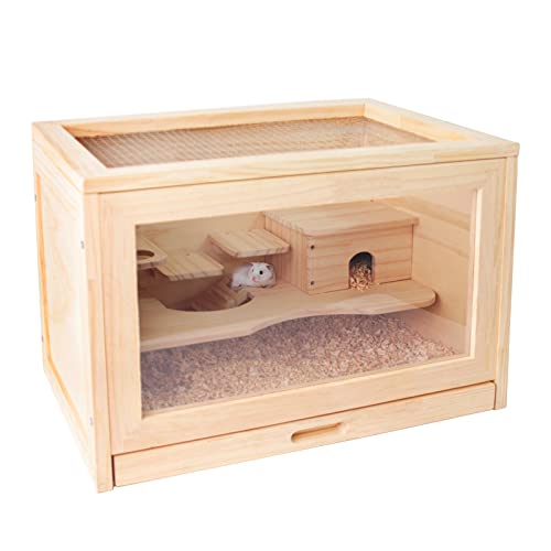 Kaiyopop Hamster Cage Large Wooden Hamster Cages and Habitats, Natural Wooden Hamster House (23.6" L X 15.7" W X 15.7”H) Acrylic Hamster Cage Small Animal Habitat for Rabbits, Guinea Pig, Chinchilla