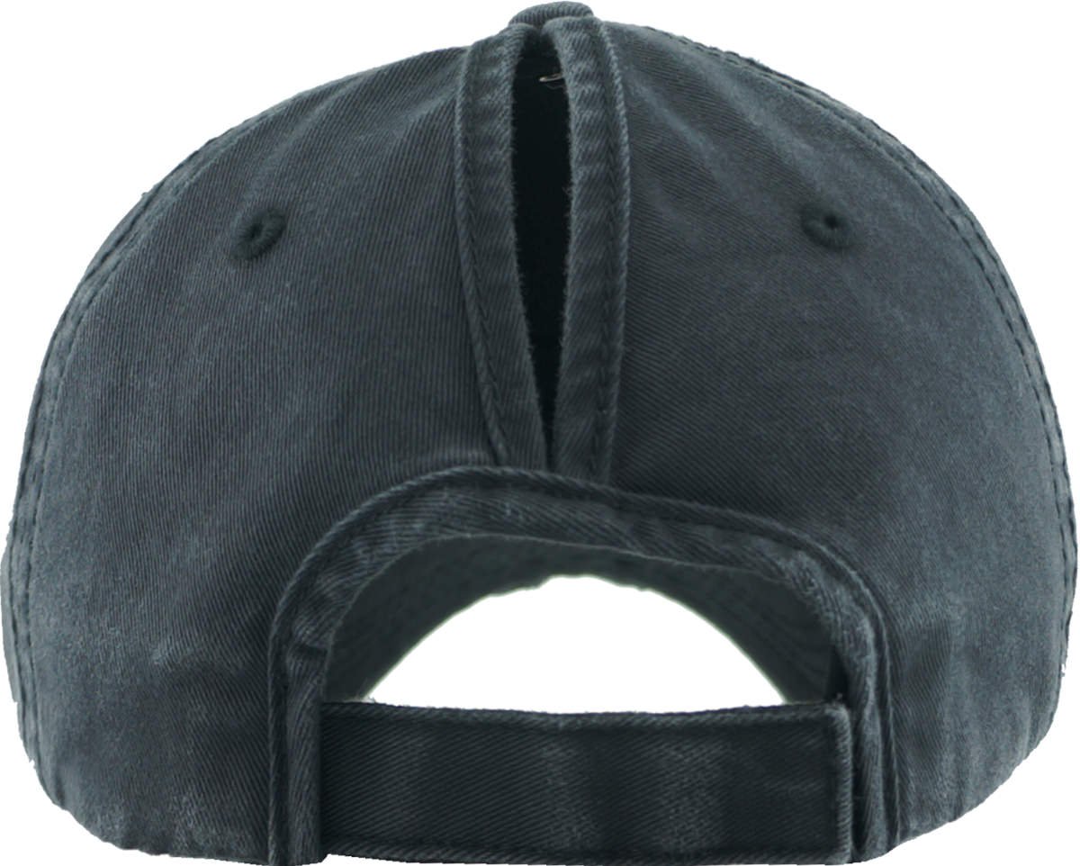 Distressed Trucker Washed Dad Hat Messy Bun Baseball Pony Cap - Black